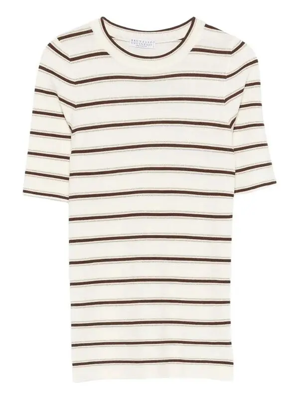 Brunello Cucinelli Striped Round Neck Short Sleeve Top - Cream