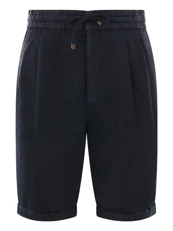 Brunello Cucinelli Garment Dyed Linen Gabardine Bermuda Shorts With Drawstring - Blue