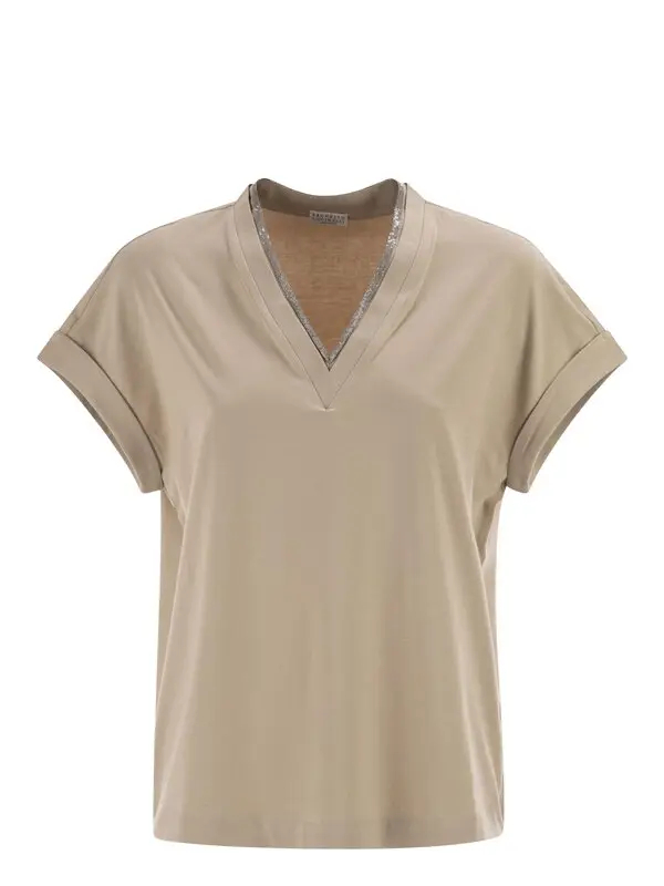 Brunello Cucinelli Stretch Cotton Jersey T-shirt With Embellished V-neckline - Cream