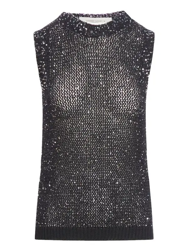 GOLDEN GOOSE Sequin Mesh Top - Black