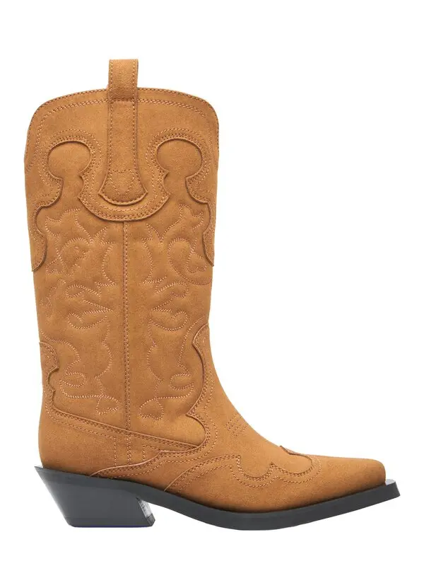 GANNI Mid Shaft Embroidered Western Boots - Brown