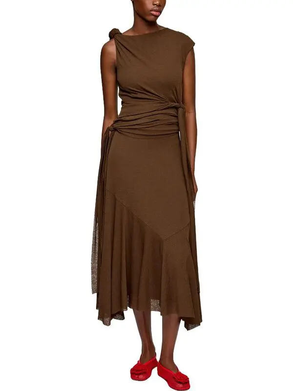 GANNI Asymmetric Hem Knot Detail Draped Day Dress - Brown