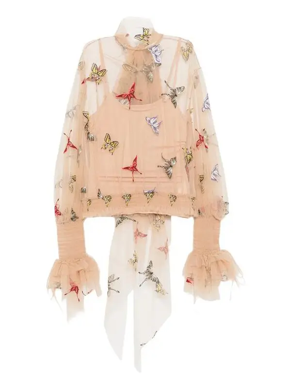 Blumarine Beige Mesh Butterfly Embroidered Mock Neck Long Puff Sleeve Blouse - Cream