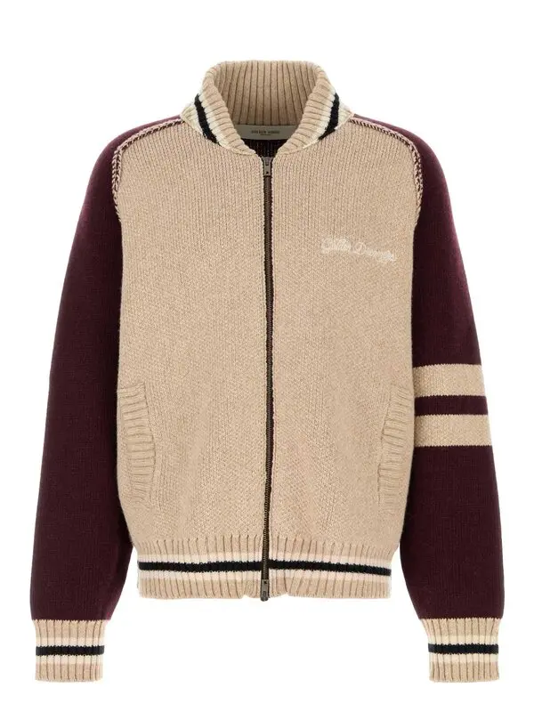 GOLDEN GOOSE Beige Wool Blend Cardigan With Contrasting Sleeves And Appliqu - Brown