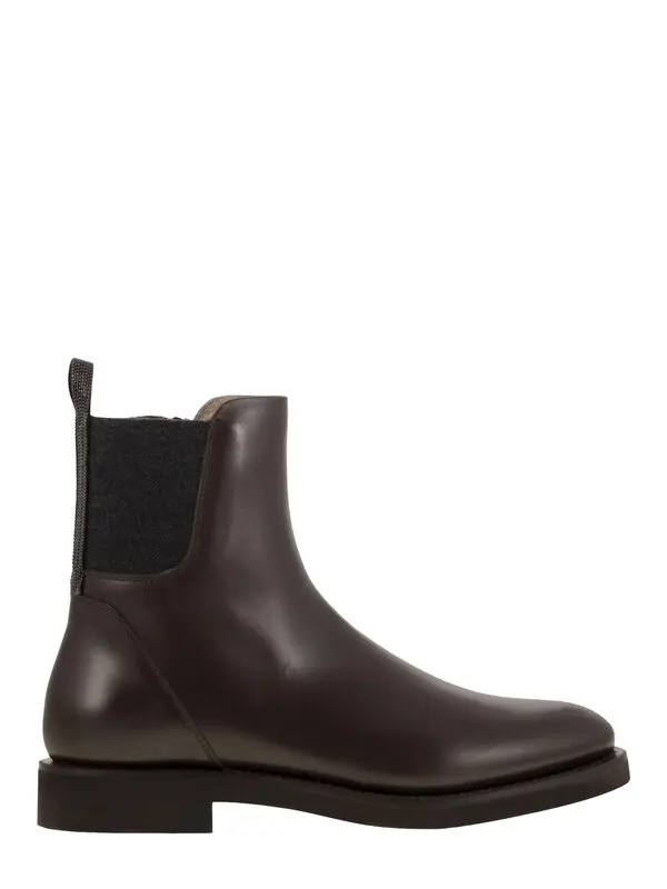 Brunello Cucinelli Chelsea Boot In Matt Calfskin With Embellished Detail - Brown