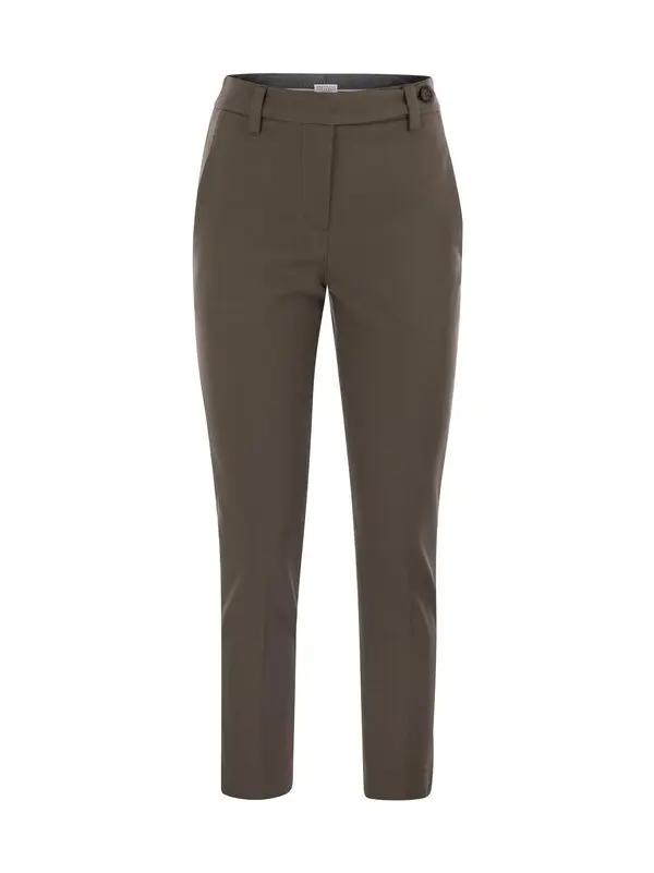 Brunello Cucinelli Cigarette Trousers In Stretch Cotton - Brown