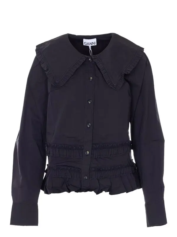 GANNI Ruffle Frill Detail Cotton Shirt - Black