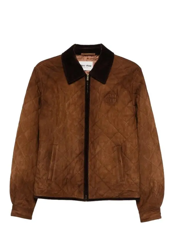 Miu Miu Quilted Lambskin Bomber Jacket With Corduroy Collar - Brown