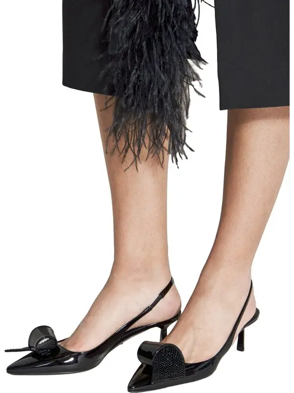 Prada Patent Leather Slingback Kitten Heels With Crystal Embellishment - Black