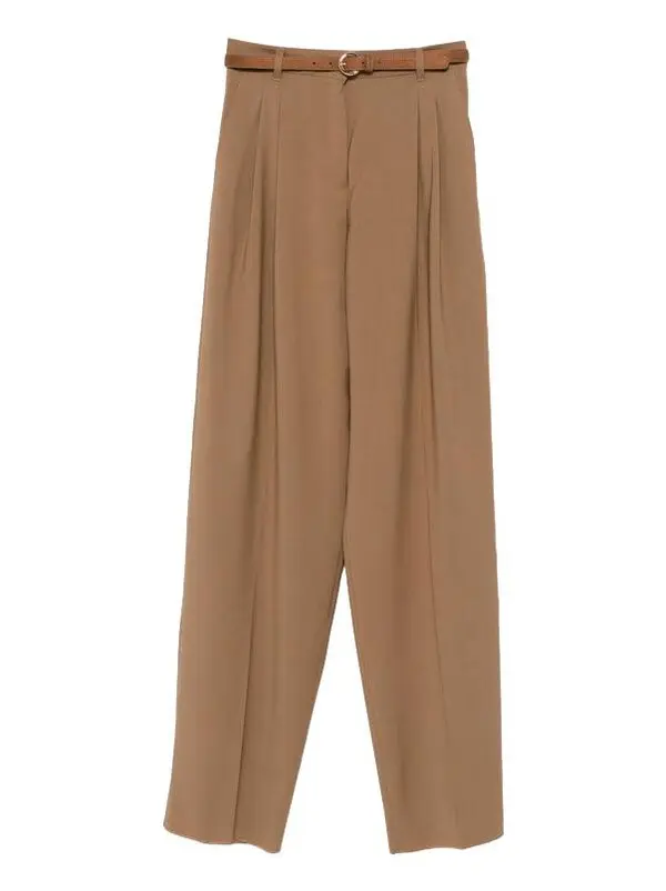 Max Mara Virgin Wool Belted Pleated Trousers - Brown