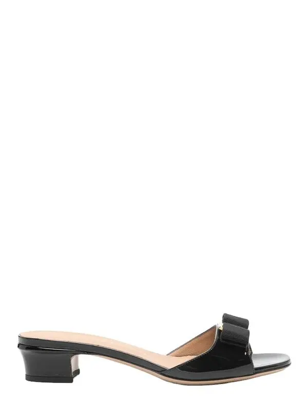 FERRAGAMO Patent Leather Bow Detail Block Heel Mules - Black
