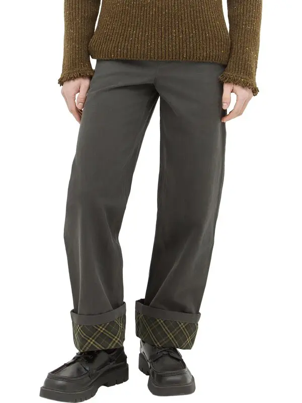 Burberry Cotton Carpenter Pants With Check Motif Cuffs - Gray