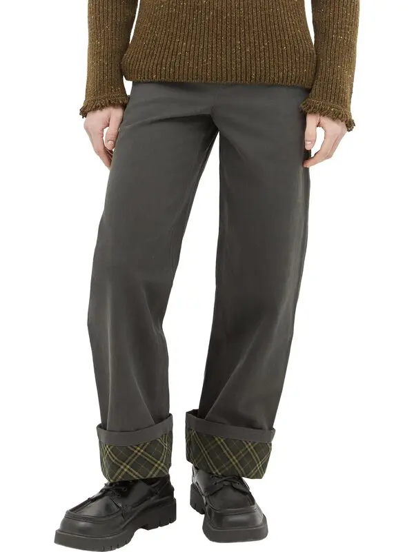 Burberry Cotton Carpenter Pants With Check Motif Cuffs - Gray