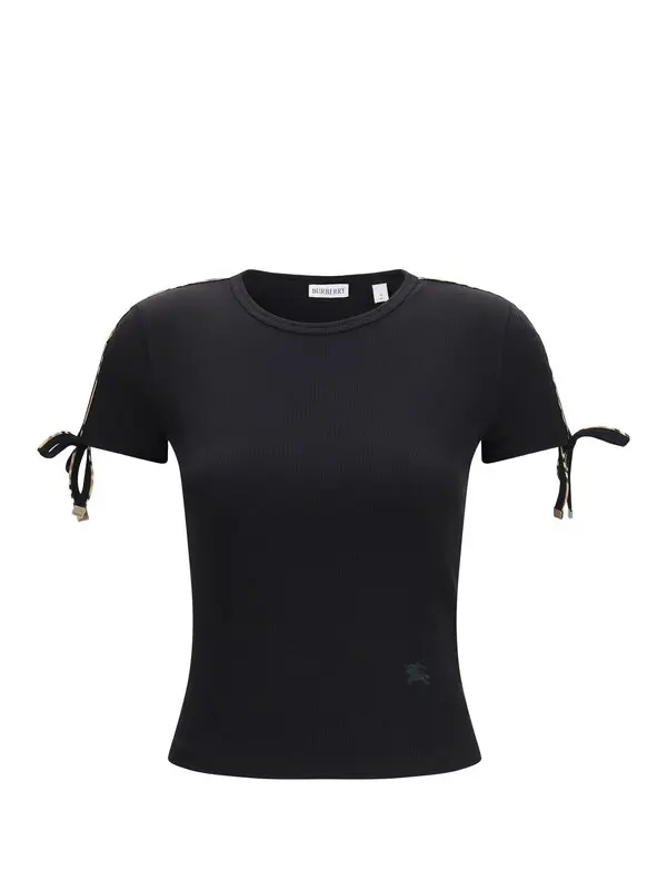 Burberry Ribbed Cotton T-shirt With Lace-up Sleeve Detail - Black