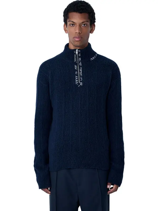 Marni Logo Embroidered Zip-up Wool-cashmere Sweater - Blue