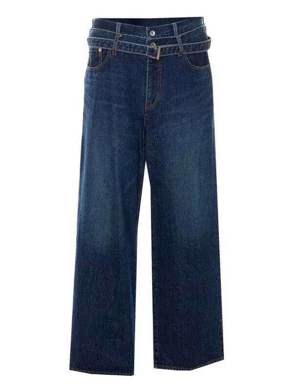 Sacai Wide Leg Belted Denim Trousers - Blue