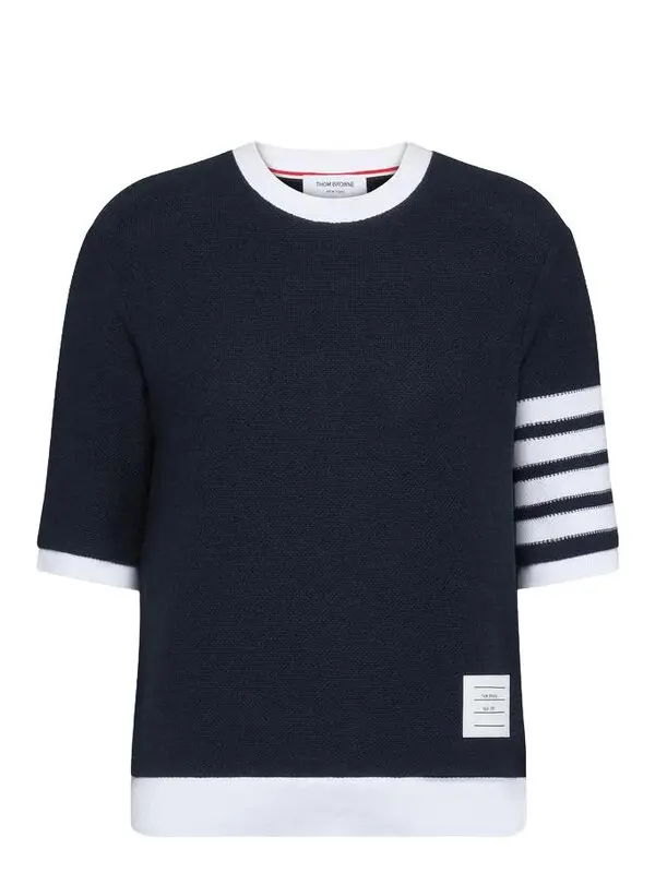 Thom Browne Navy Cotton Knit Top With Signature Four-bar Detail - Blue