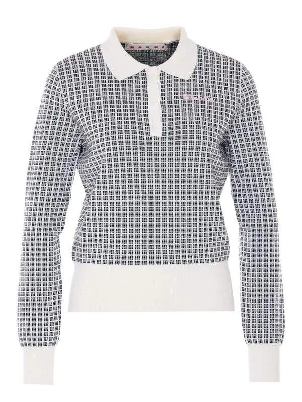 Marni Logo Knitted Check Print Polo - Gray