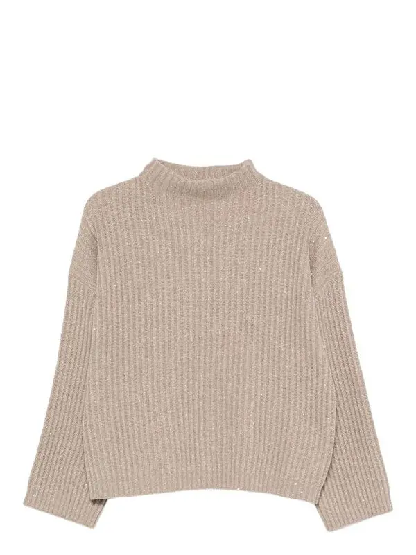 Brunello Cucinelli High Neck Sequin Embellished Ribbed Knit Sweater - Cream