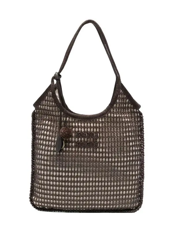 Miu Miu Raffia Crochet Shoulder Bag With Embroidered Logo And Leather Details - Brown