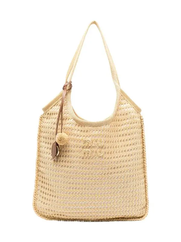 Miu Miu Raffia Crochet Shoulder Bag With Embroidered Logo - Cream