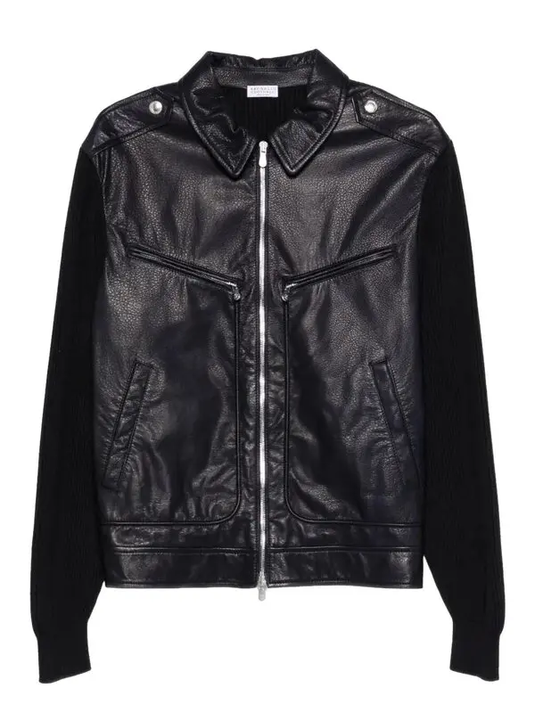 Brunello Cucinelli Leather Jacket With Knitted Sleeves - Multicolor