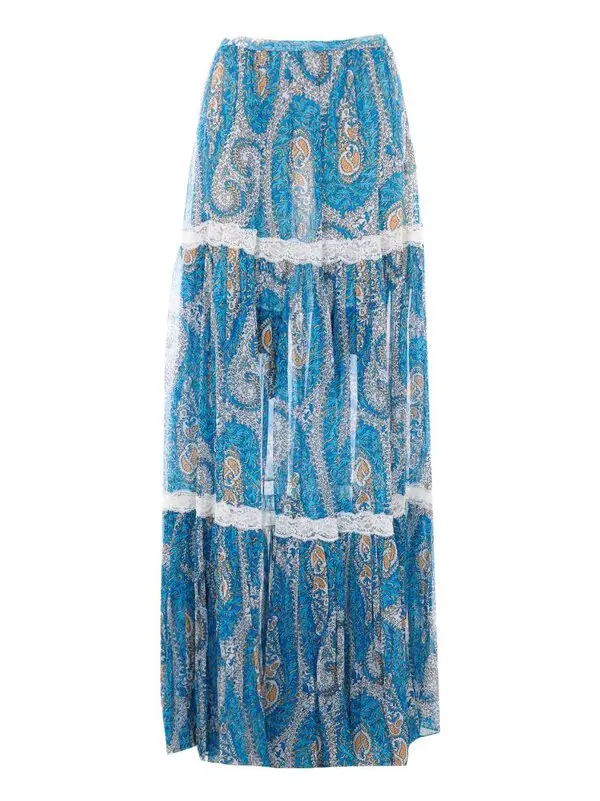 Etro Paisley Foliage Pattern Silk Crepon Long Skirt - Blue