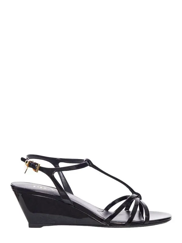 Prada Patent Leather Braided Strap Wedge Sandals - Black