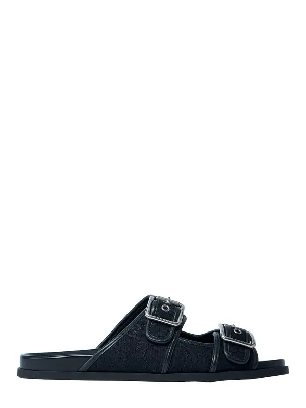 Gucci Gg Motif Slide Sandals With Buckle Fastening - Black
