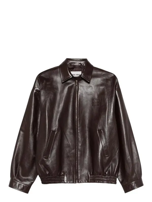 Miu Miu Leather Zip-up Jacket With Logo Detail - Brown