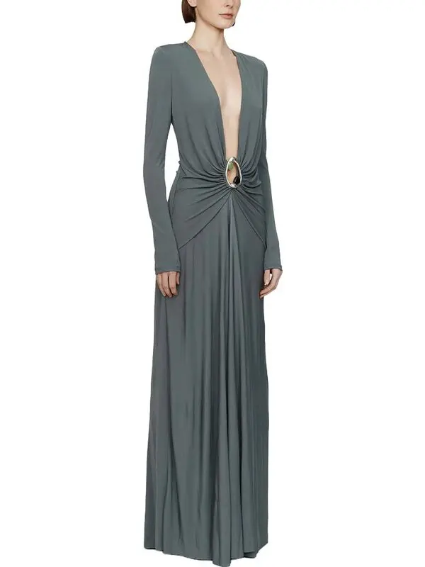 Christopher Esber V-neck Long Sleeve Ruched Crystal Embellishment Floor-length Dress - Gray