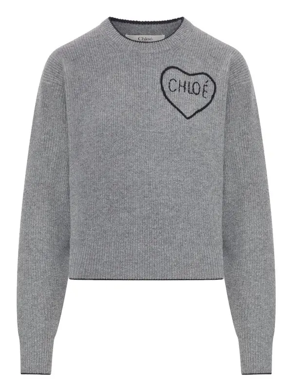 Chloé Cropped Wool Knit Sweater With Logo Detail - Gray