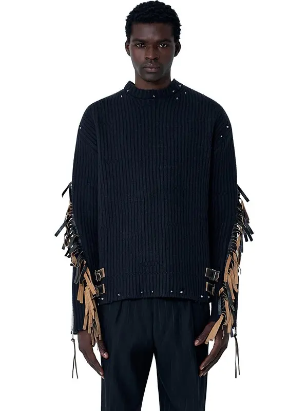 Prada Embellished Wool Sweater With Leather Detailing - Black