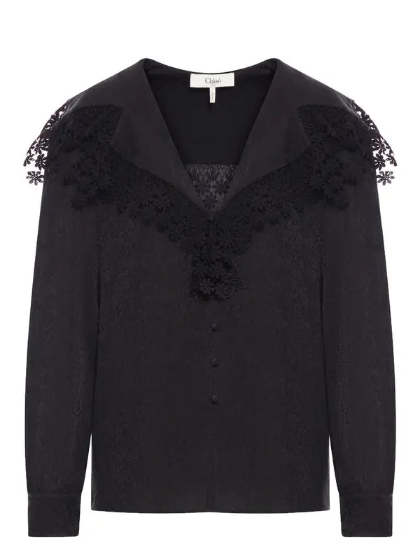 Chloé Silk Jacquard Blouse With Lace Maxi Collar - Black