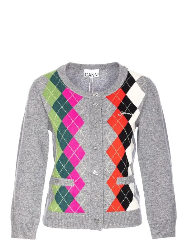 GANNI Check Print Merino Wool & Cashmere Cardigan - Multicolor