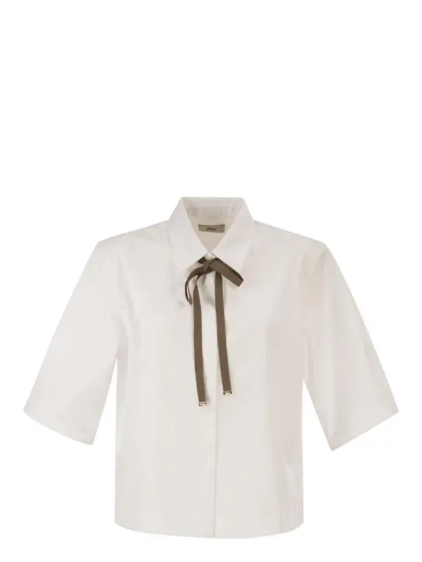 Herno Cropped Cotton Shirt With Ribbon Bow - White