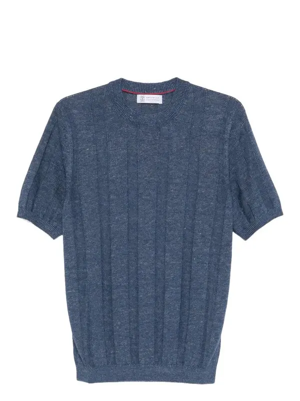 Brunello Cucinelli Ribbed Knit Short Sleeve Crew Neck Sweater - Multicolor