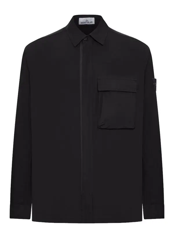 Stone Island Stretch Cotton Canvas Overshirt With Flap Pocket On The Chest - Black