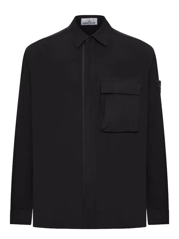 Stone Island Stretch Cotton Canvas Overshirt With Flap Pocket On The Chest - Black