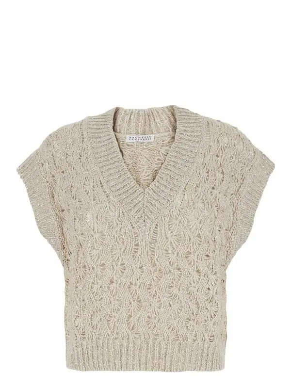 Brunello Cucinelli Sequin Embellished V-neck Knit Vest - Cream