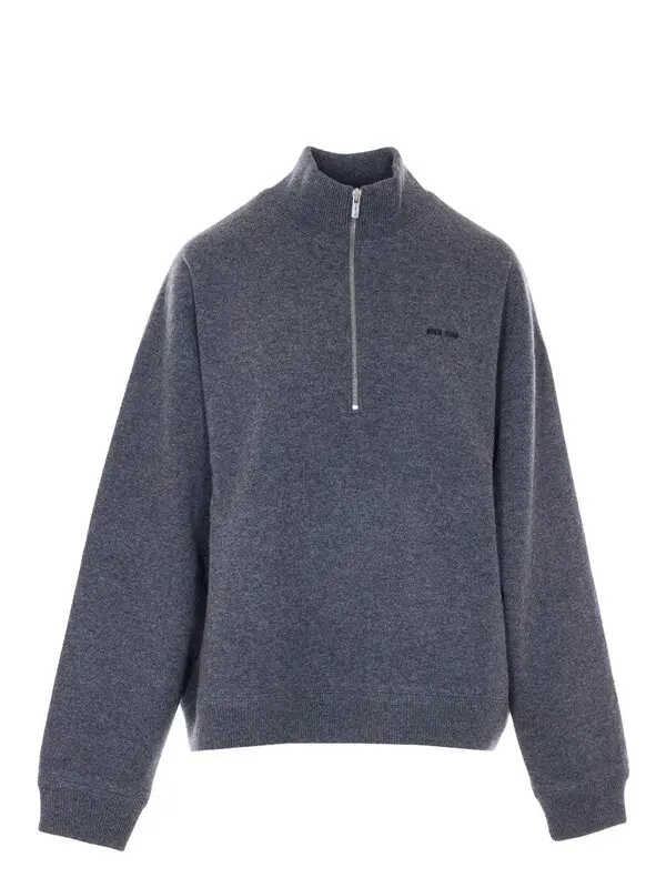Miu Miu Cashmere Half-zip Turtleneck Sweater With Embroidered Logo - Gray