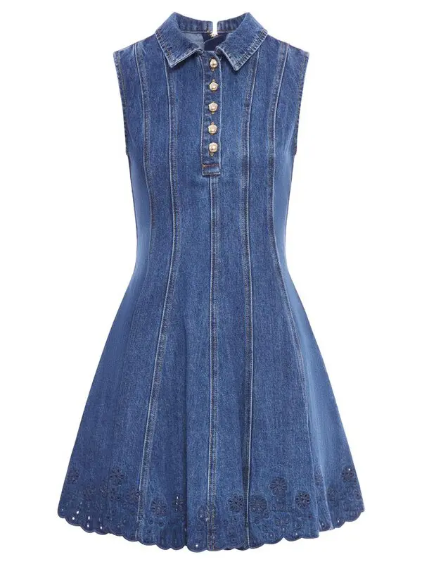 SELF-PORTRAIT Denim Broderie Mini Dress - Blue
