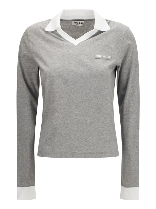 Miu Miu Long-sleeved Cotton Polo T-shirt - Gray