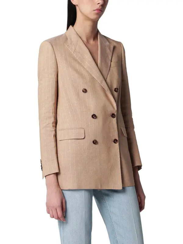 Tagliatore Beige Double-breasted Pinstripe Linen-blend Jacket - Cream