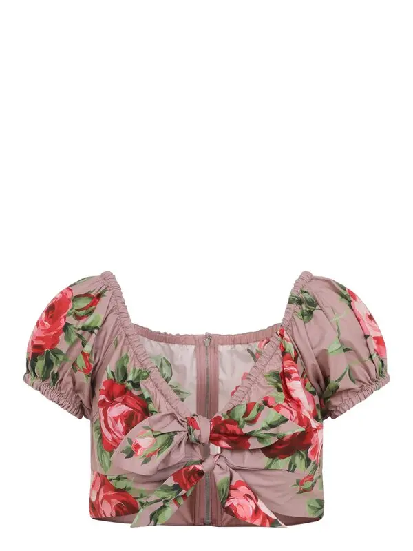 Dolce & Gabbana Rose Print Cotton Cropped Top With Bow Detail - Multicolor