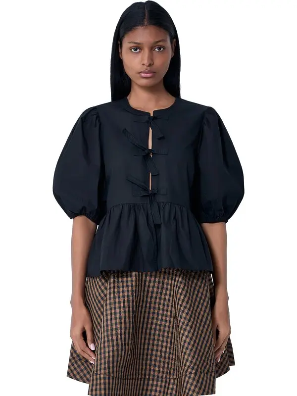 GANNI Peplum Blouse With Bow Detail - Black