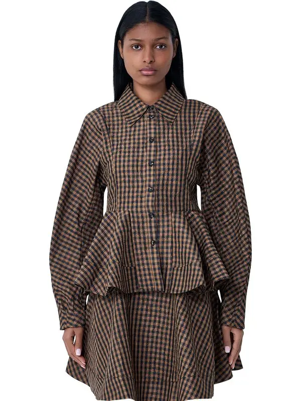 GANNI Crinkle Peplum Shirt With Checks - Brown