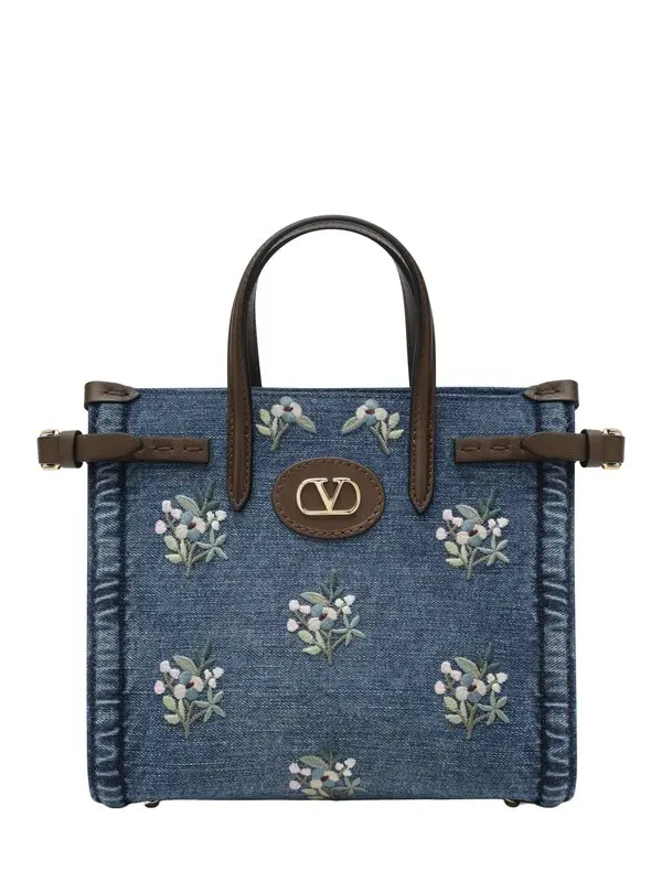 Valentino Garavani Antibes Small Embroidered Denim Shopping Bag - Blue