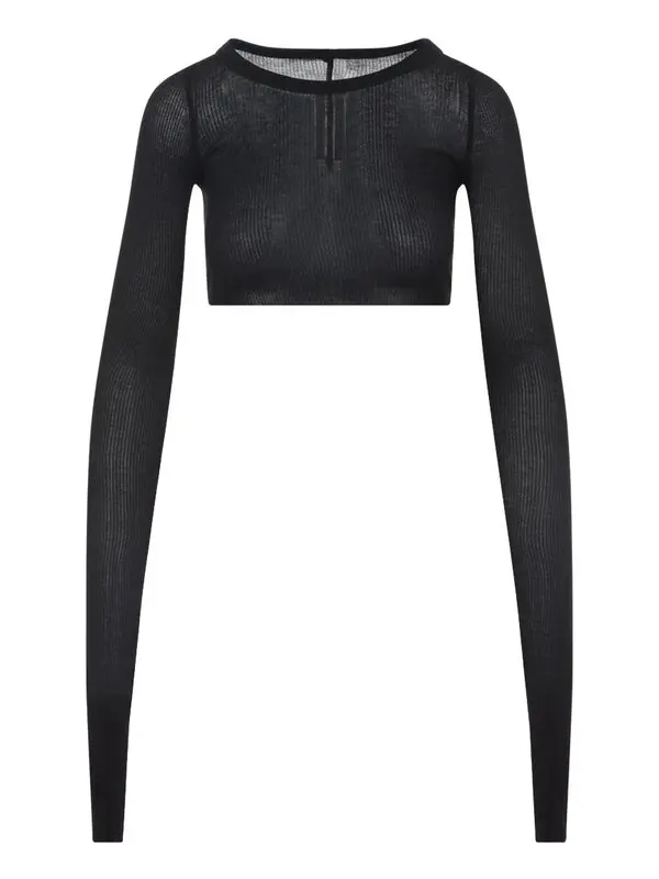 Rick Owens Ribbed Viscose And Silk Cropped Long Sleeve Top - Black