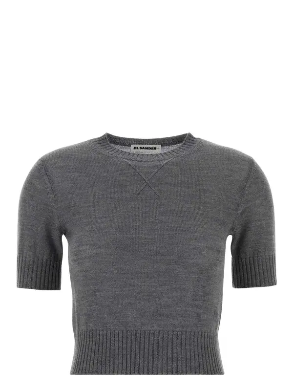 JIL SANDER Grey Wool Short Sleeve Sweater - Gray